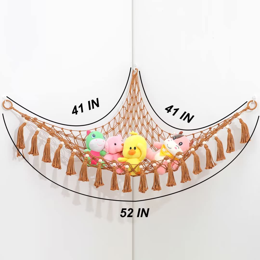 JIELAIMI Stuffed Animal Toy Storage Organizer, Toy Storage Hammock with Decorative Tassels Corner Large Capability Toy Net Holder (brown)