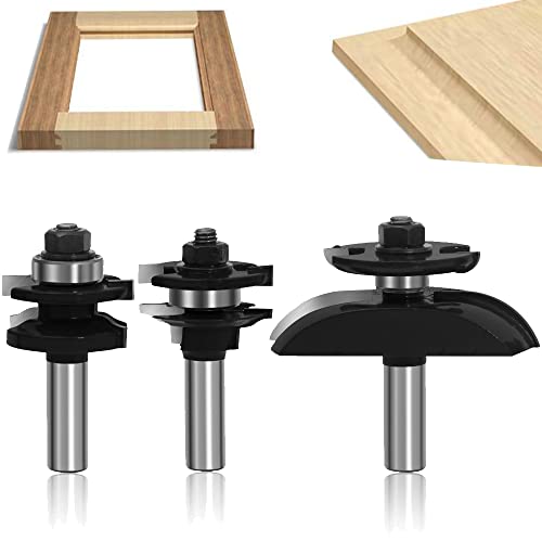 OLETBE 3 PCS Router Bit Set, 1/2-Inch Shank Round Over Raised Panel Cabinet Door Rail and Stile Router Bits, Woodworking Wood Cutter, Wood Carbide Groove Tongue Milling Tool(Silver)