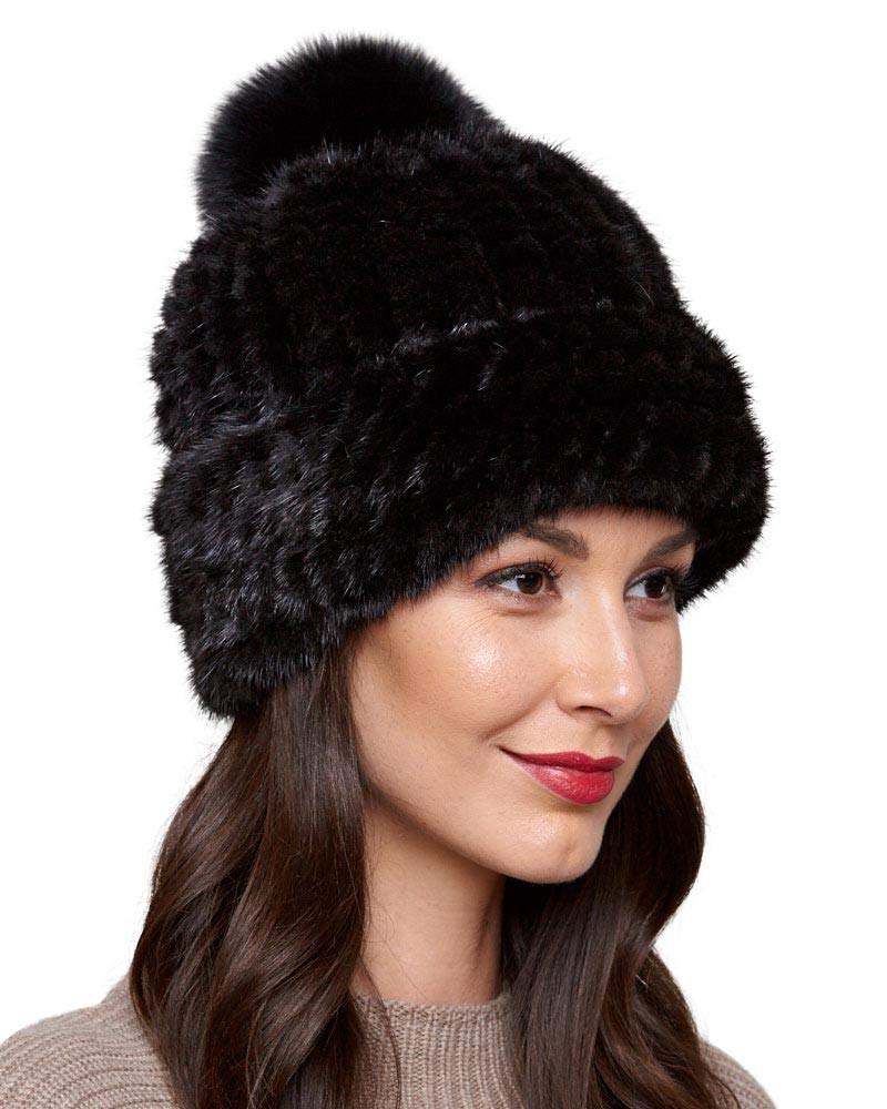 frr Belle Knit Mink Beanie with Fox Fur Pom Pom in Brown