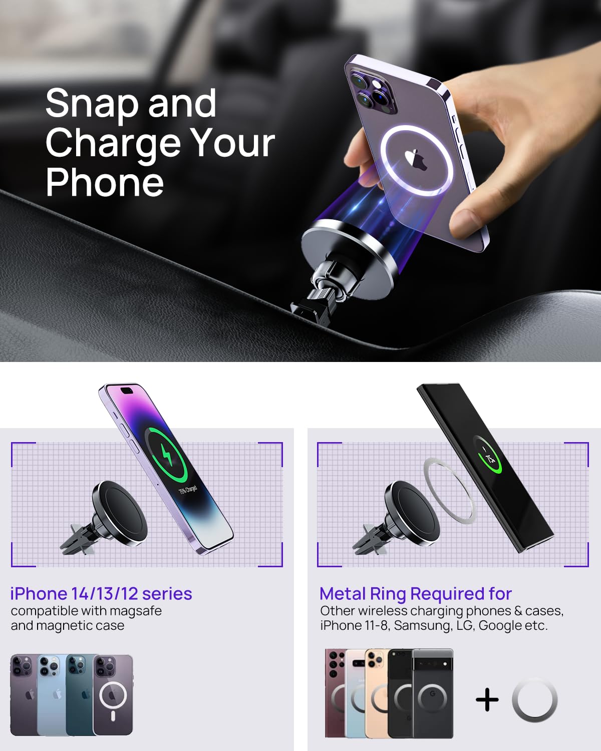 Eazpower MagSafe Car Mount Charger, Wireless Car Charger Compatible with iPhone 15/14/13/12 Pro Max, MagSafe Case, Magnetic Car Phone Holder Mount Fast Charging for Dashboard/Air Vent/Windshield