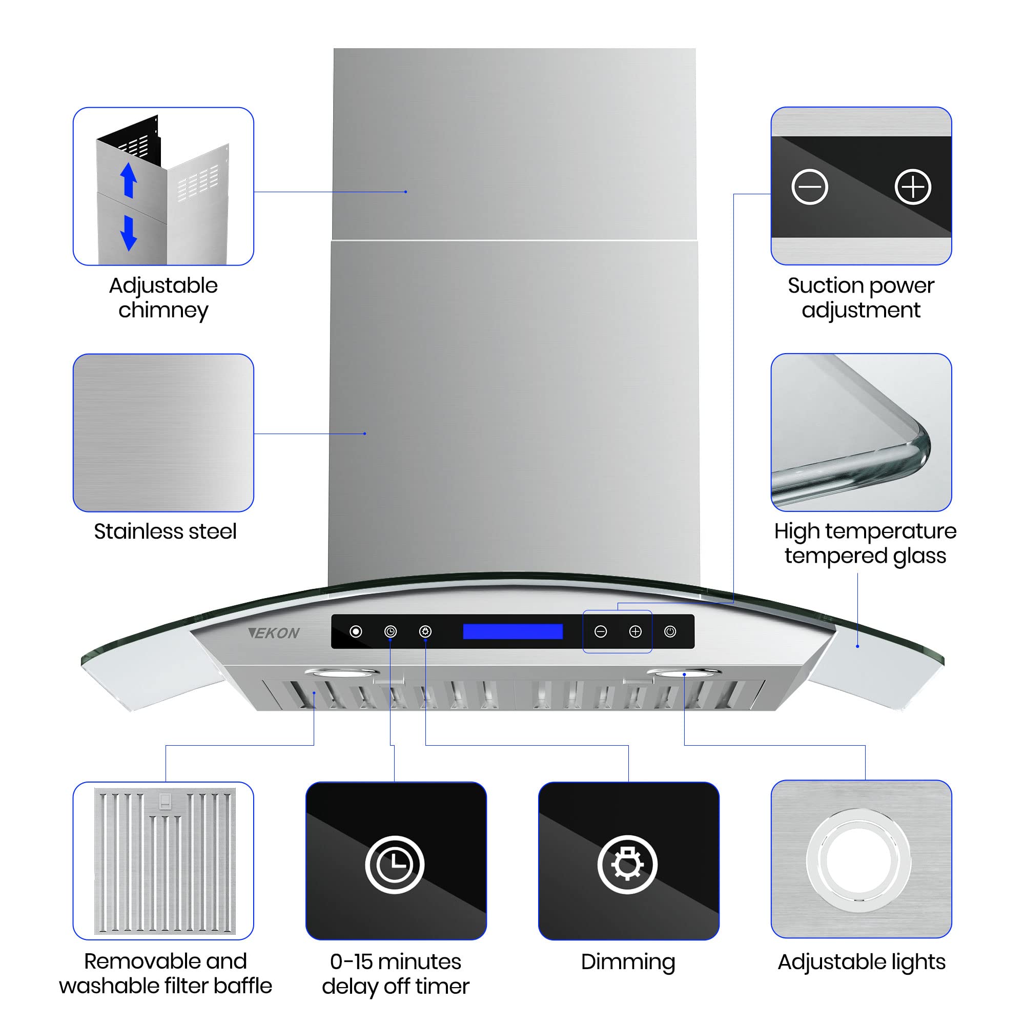 EKON KITCHEN NAP03-30 inch Wall Mounted Stainless Steel & Curved Glass Kitchen Range Hood 900 CFM / 4 Speeds Touch Control With Remote & LCD Display / 2 Pcs 3W Led Lamp / 2 Pcs Baffle Filters