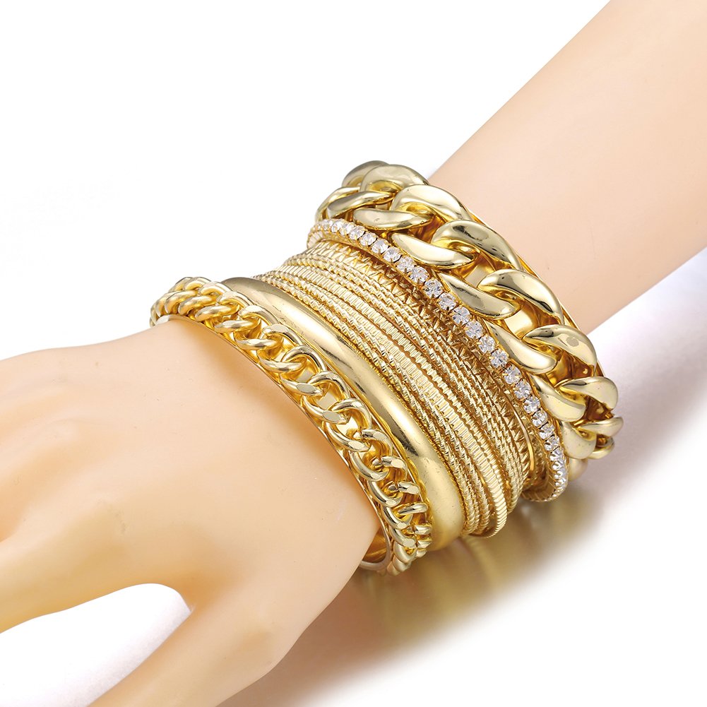 Ensoul Fashion Gold Color Multiple Textured Metal Bracelets & Bangles Set 14Pcs/Set W/Rhinestones