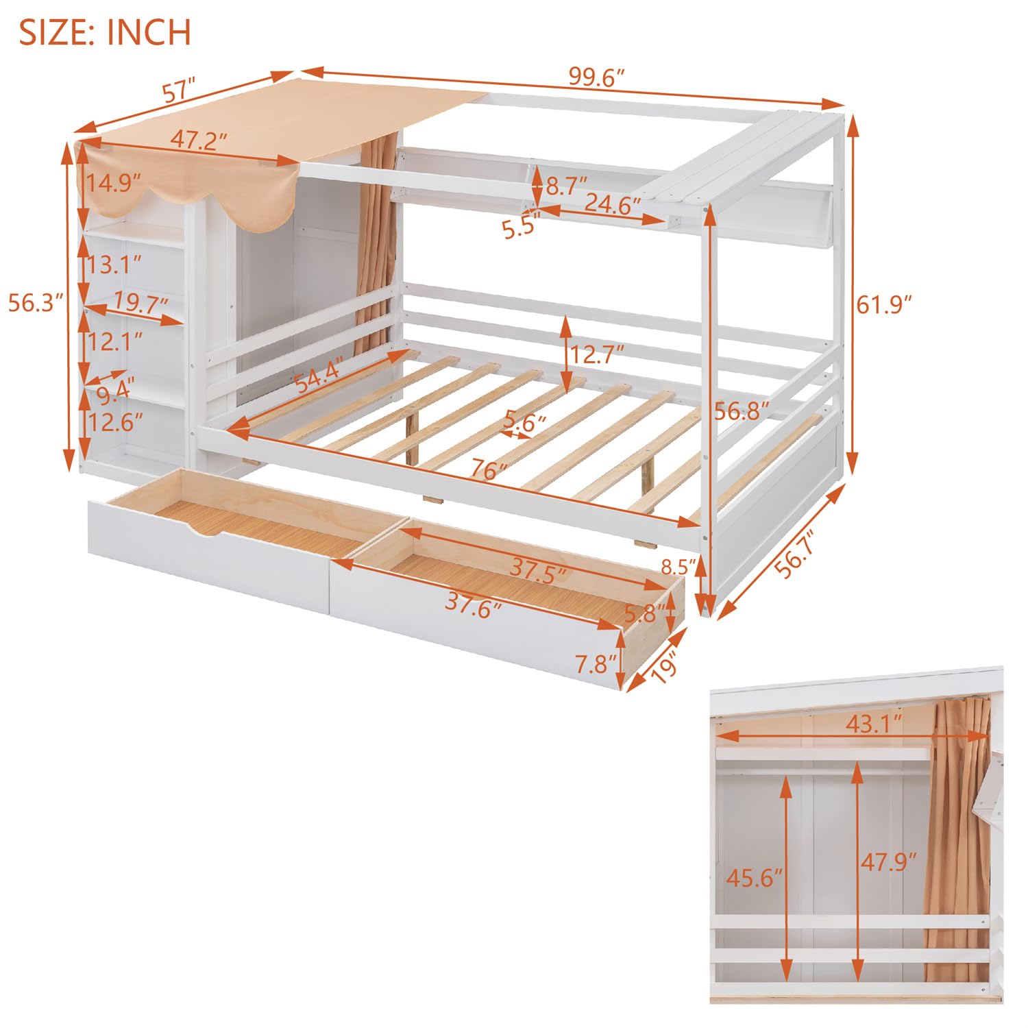 Linique Full Size House Bed with Wardrobe, Storage Drawers and Bookshelf, Solid Wood Bed Frame with Tent, White