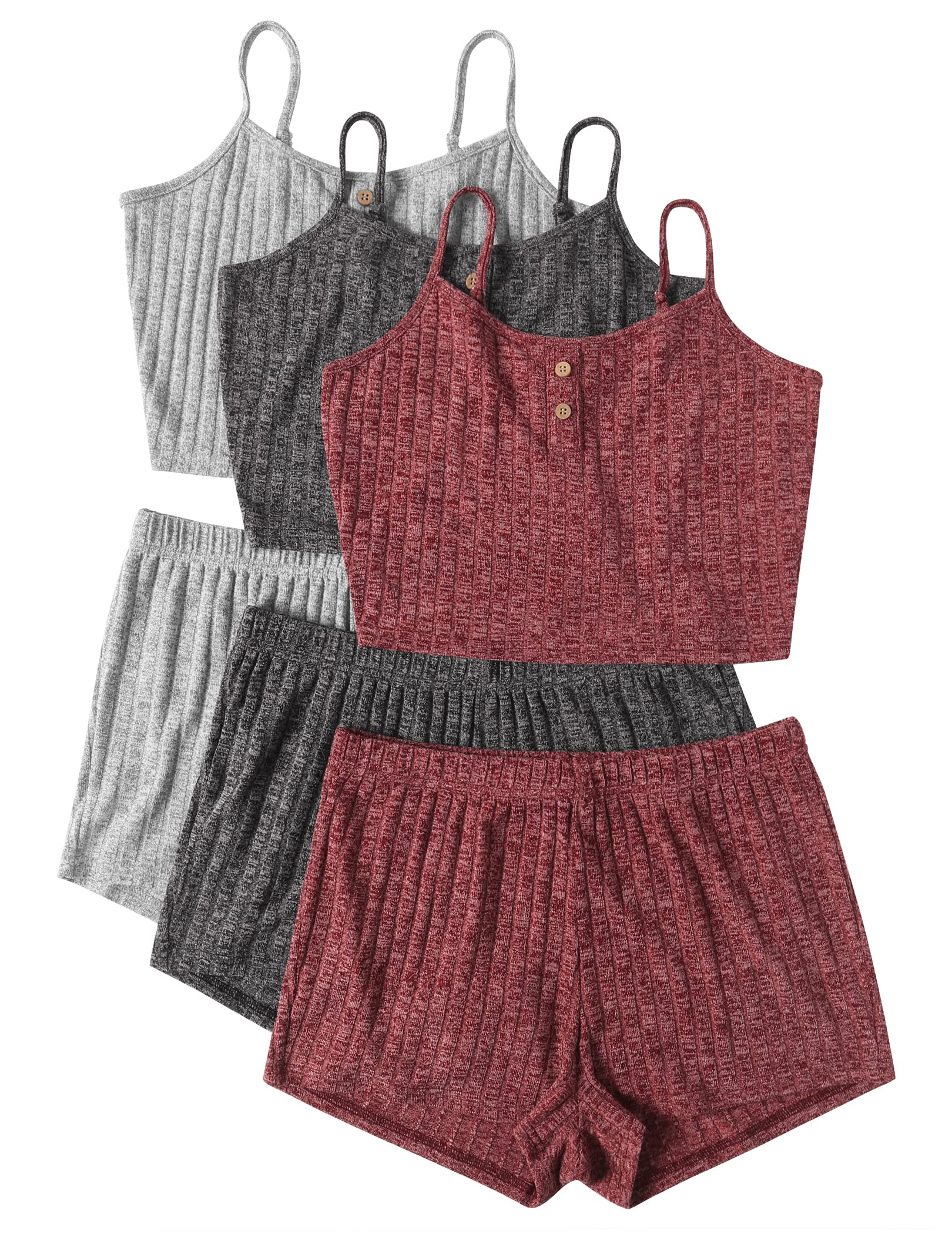 Ekouaer 3 Sets for Women Ribbed Pajamas Crop Cami Top and Shorts Pjs Casual Sleeveless Button Lounge Set Sleepwear Dark Grey/Wine/Grey,Medium