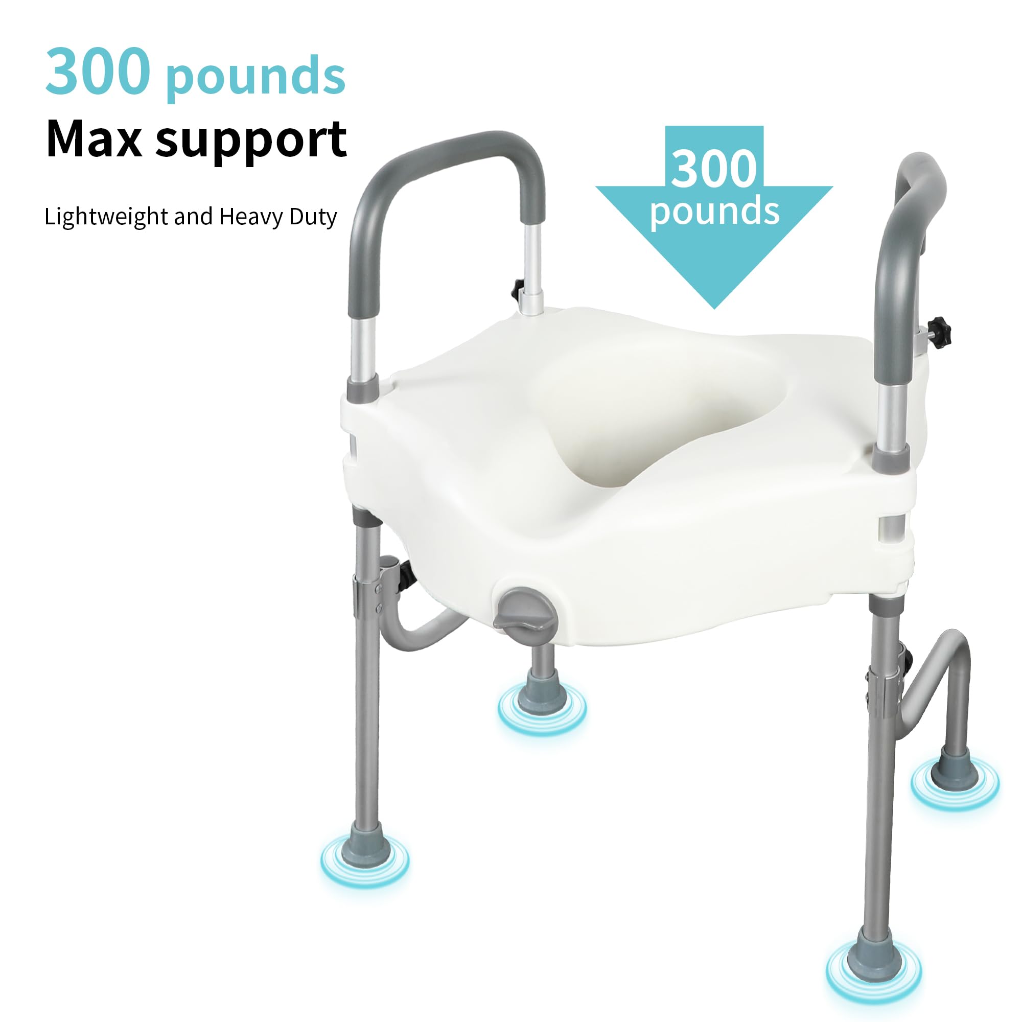 Lock Raised Toilet Seat with Handles, 5 Inch Toilet Seat Riser Heavy Duty with Adjustable Arms and Legs Fits Most Toilets, Elevated Toilet Seat 300 LBS(Regular, Grey+White)
