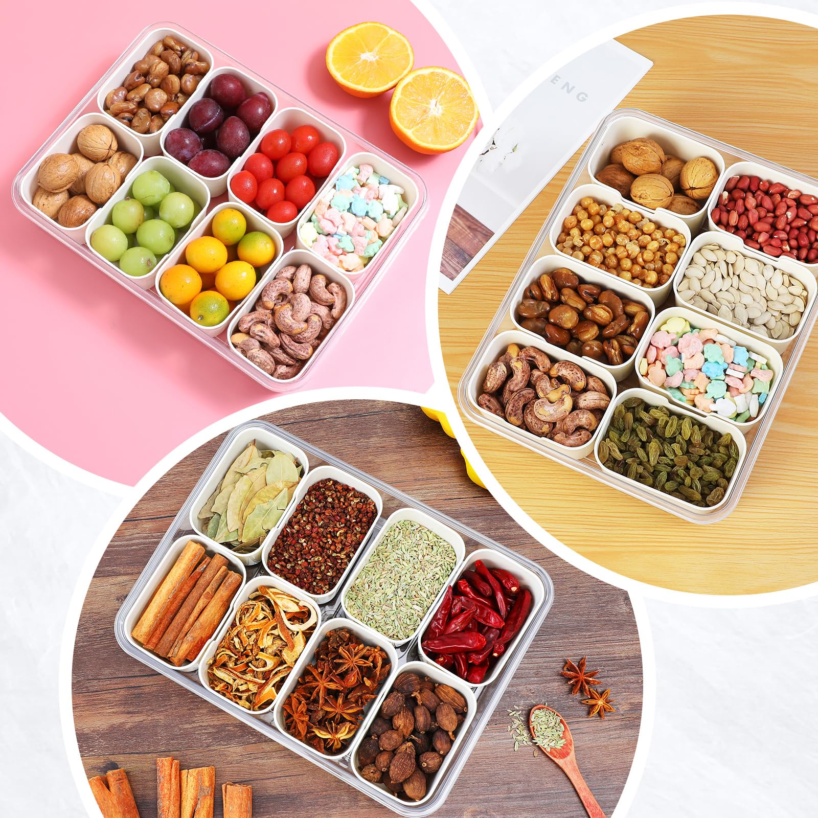 NOIRUC-CZ Divided Clear Snackle Box with Lid and Handle Food Serving Tray Fruit & Veggie Container with 8 Detachable Dividers Portable Snack Platters Charcuterie Board Container for Party, Travel (1)