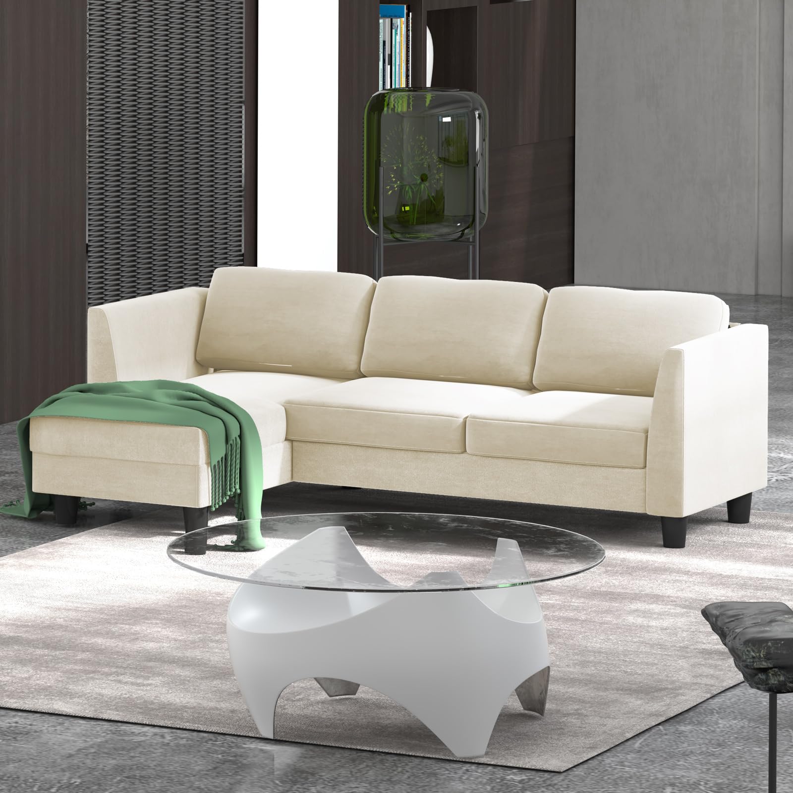 MUZZ 87'' Modern L-Shaped Sofa,Velvet Oversize Sectional Sofa with High-Density Sponge,Sectional Couch Sofa with Reversible Chaise for Couches for Living Room, Apartment,Beige