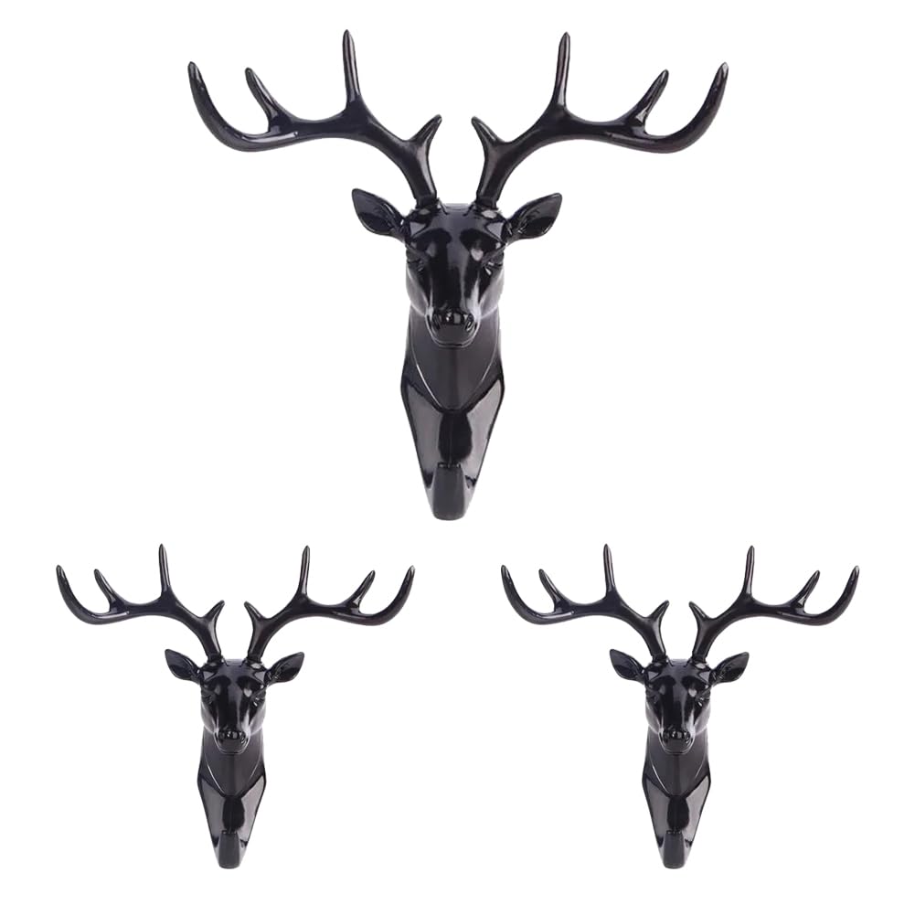 UVKDEENK 3pcs Moose Wall Hanging Hooks, Deer Head Hooks, Vintage Deer Hooks Decorative Wall Hanging Rustic Shabby Kitchen Bedroom Bathroom Towel Coat Hooks (Black)