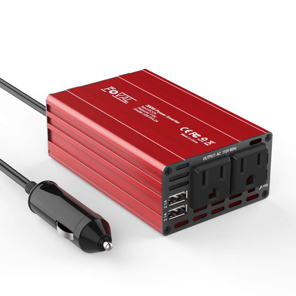 FOVAL Power Inverter 300W DC 12V to 110V AC Converter with 4.2A Dual USB Car Charger Red