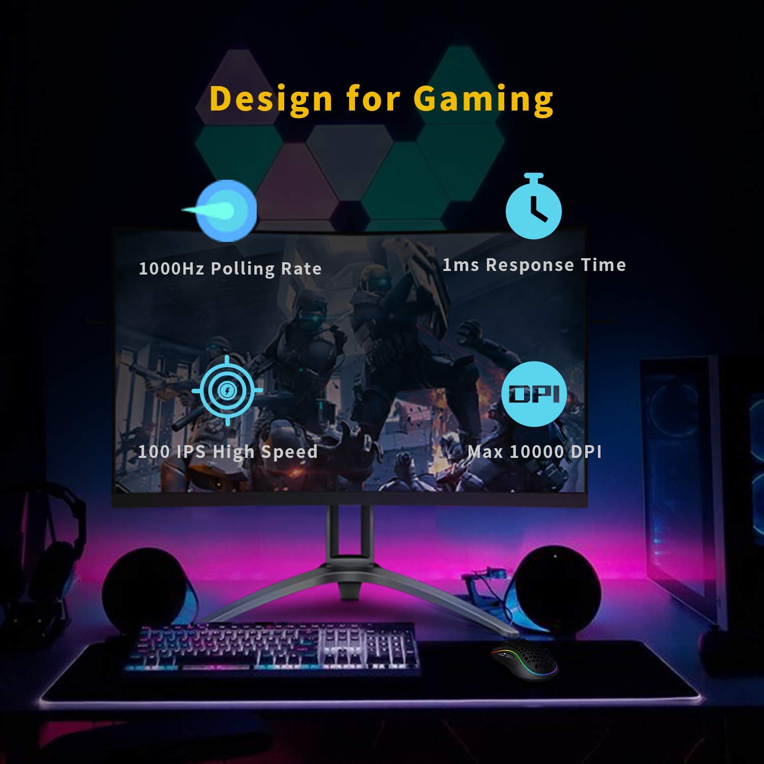DREVO Owlet Wired RGB Lightweight Gaming Mouse, PixArt PMW3325 Max 10000 DPI, Ambidextrous Design for Left&Right Hand, 8 Programmable Buttons, Honeycomb Shell with Ultra-Weave Cable