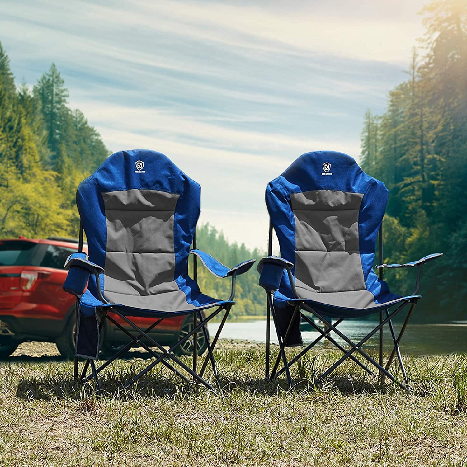 EVER ADVANCED High Back Folding Camping Chair for Outside, Padded Oversized Camp Chair with Cup Holder Side Pocket Carry Bag, Grey