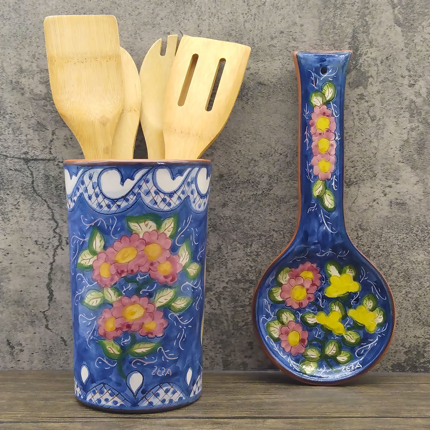 Handmade Hand Painted Portuguese Pottery Ceramic Spoon Rest (Floral), 11'' x 4.75'' x 0.5'' inches