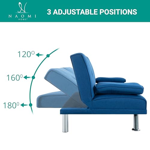 Naomi Home Blue Futon Sofa Bed, Linen Futon Couch with Armrest and 2 Cupholders, Pull Out Sofa Bed Couch with Metal Legs, Reclining Small Couch Bed, Blue Couches for Living Room