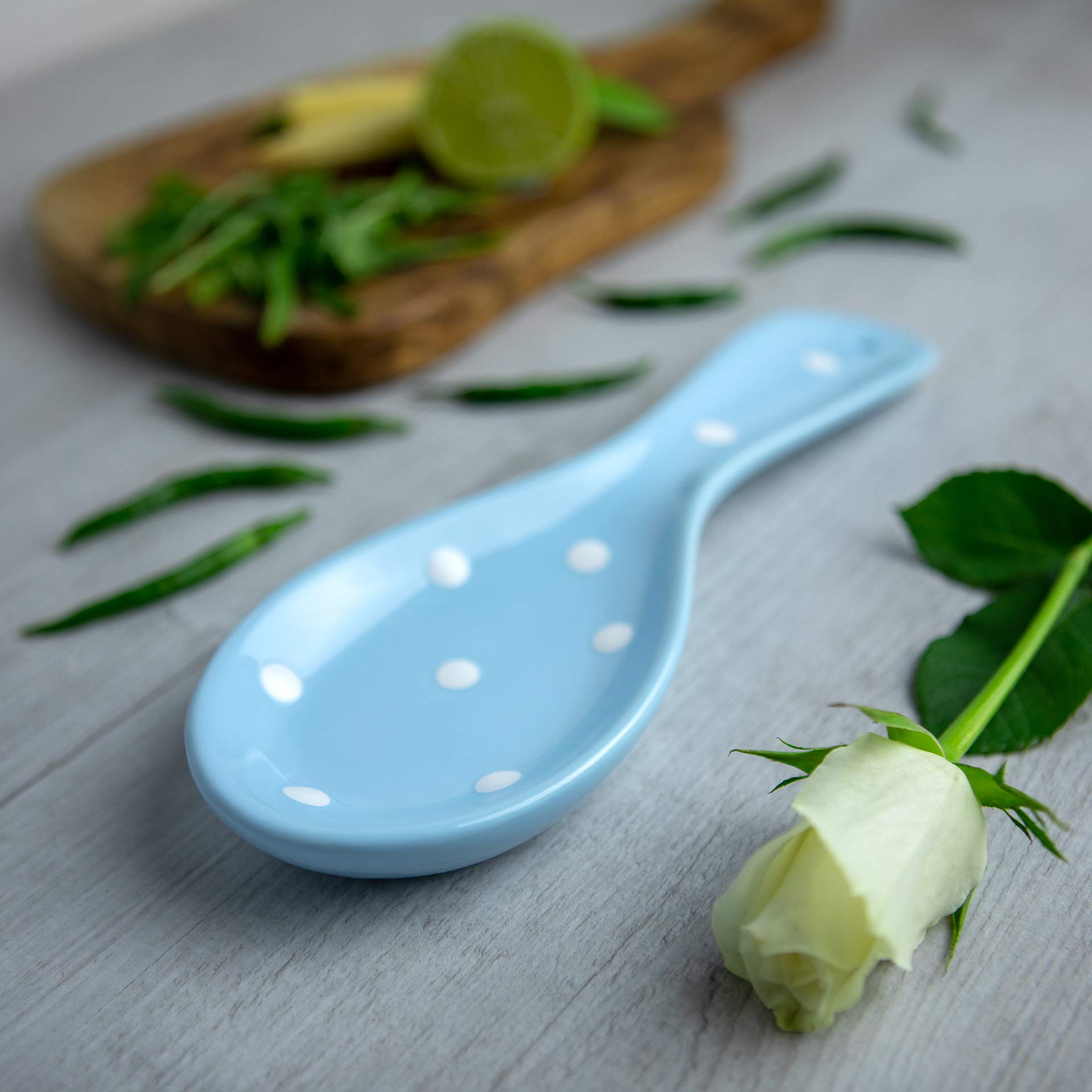 Handmade Light Sky Blue and White Polka Dot Ceramic Kitchen Cooking Spoon Rest | Pottery Utensil Holder | Housewarming Gift by City to CottageĀ®
