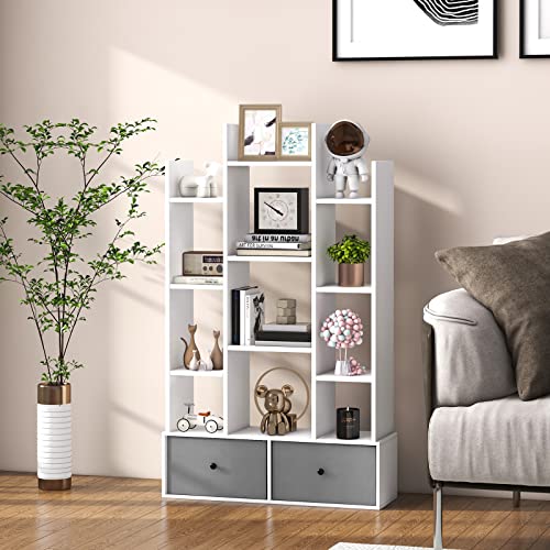 Tangkula Bookshelf with 2 Drawers, Tree-Shaped Bookcase with 12 Open Storage Shelves, Freestanding Industrial Wood Display Cube Shelf, Home Office Books Organizer, 31.5 x 9.5 x 52 Inches