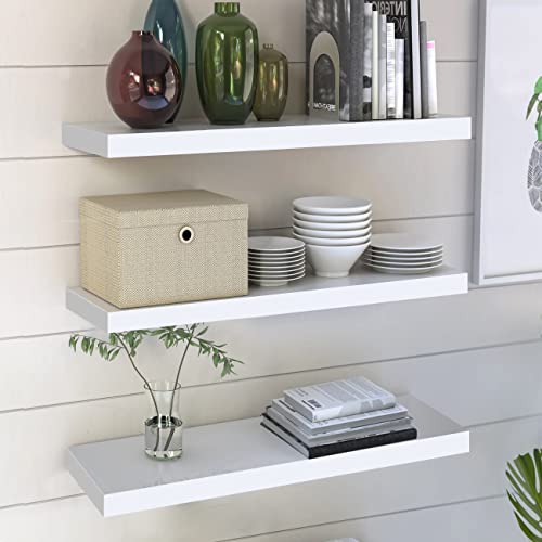NOKAMW White Floating Wall Shelves,Wall Mounted Display Shelf,Home Decor Wall Storage Shelves Set of 3,Shelf for Wall with Invisible Brackets,Wall Display Rack for Kitchen Office Living Room,3 Pack