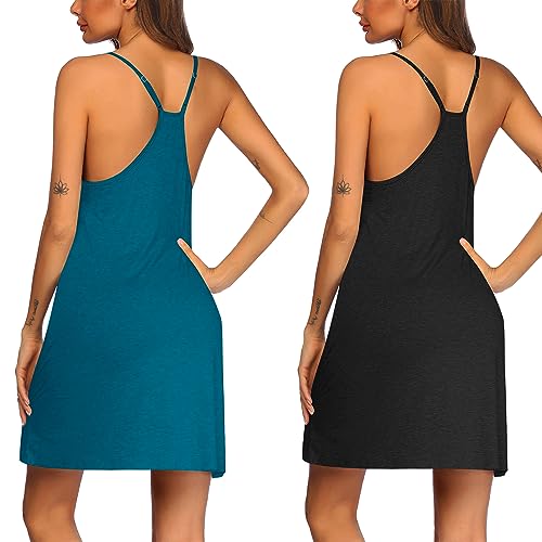 Ekouaer Women Nightgowns 2 Pack Spaghetti Strap Solid Nighties Sleeveless Sleepwear Dress Black & Blue Green L