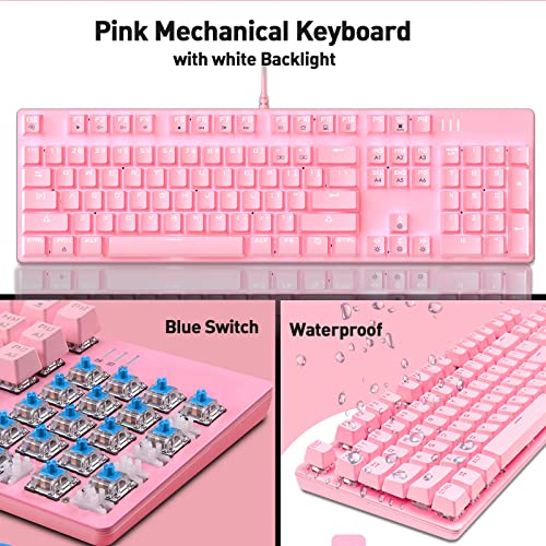 FELICON Pink Wired Mechanical Keyboard and Mouse Combo with Linear Blue Switches, Full Anti-ghosting Gaming Keyboard, Lightweight Gaming Mouse, Mouse Pad for Office and Gamer Pc Mac Laptop
