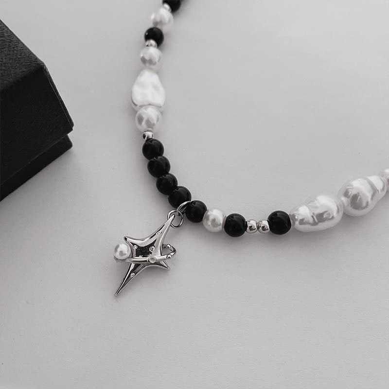 Punk Star Pendant Baroque Pearl Necklace for Women Asymmetric Black White Beads Necklace Choker Jewelry Gift (Style 1)