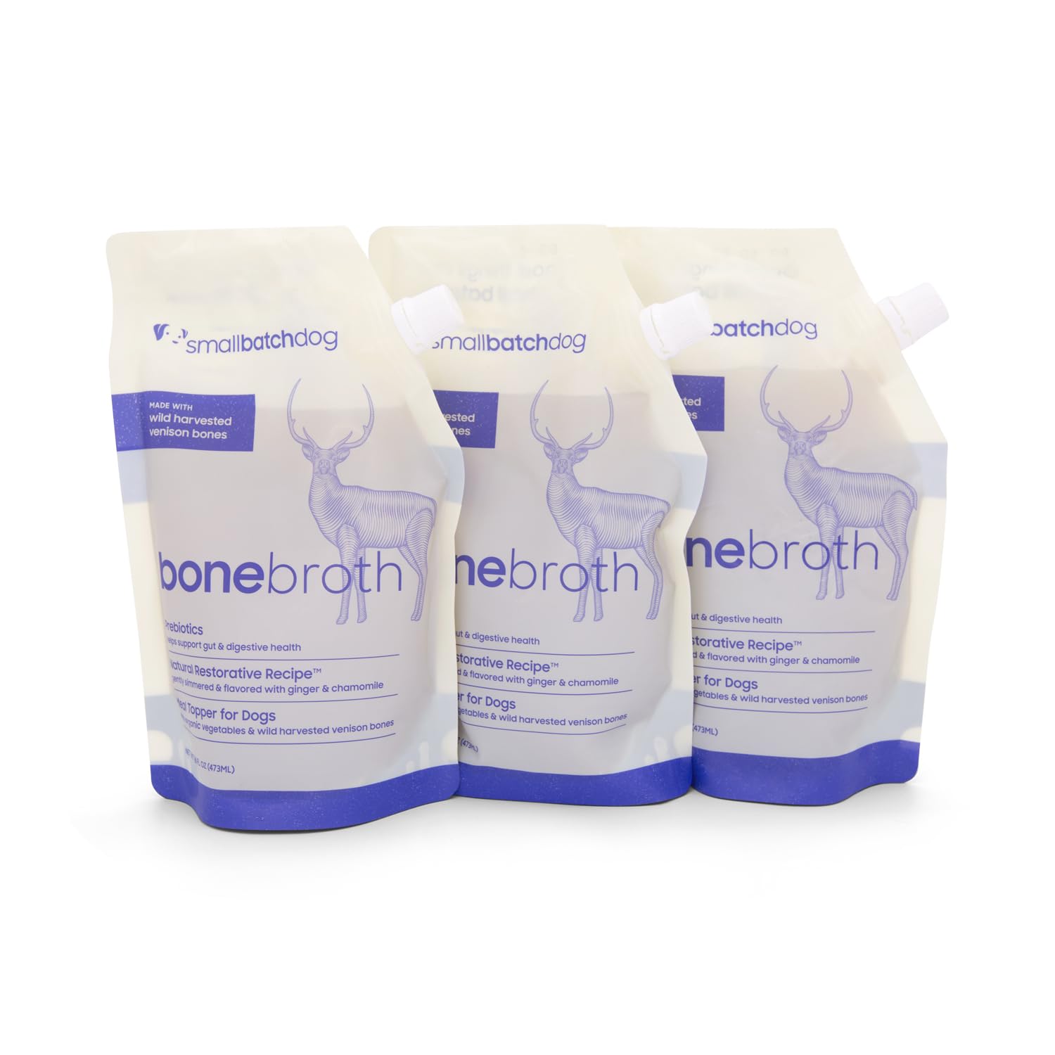 smallbatch Pets Shelf Stable Bone Broth, 3 Pack, 16 Fl Oz Each Bag (48 Fl Oz Total), Venison Recipe with Prebiotics & Adaptogens-Inspired Ingredients, Topper for Dogs