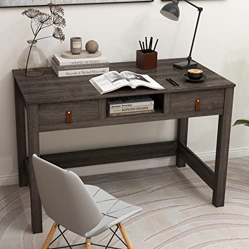 Tangkula Mid-Century Computer Desk with 2 Storage Drawers, Modern Home Office Desk with Storage Cubby, Study Writing Desk, Compact Laptop PC Desk Workstation, Wooden Vanity Desk for Bedroom (Grey)