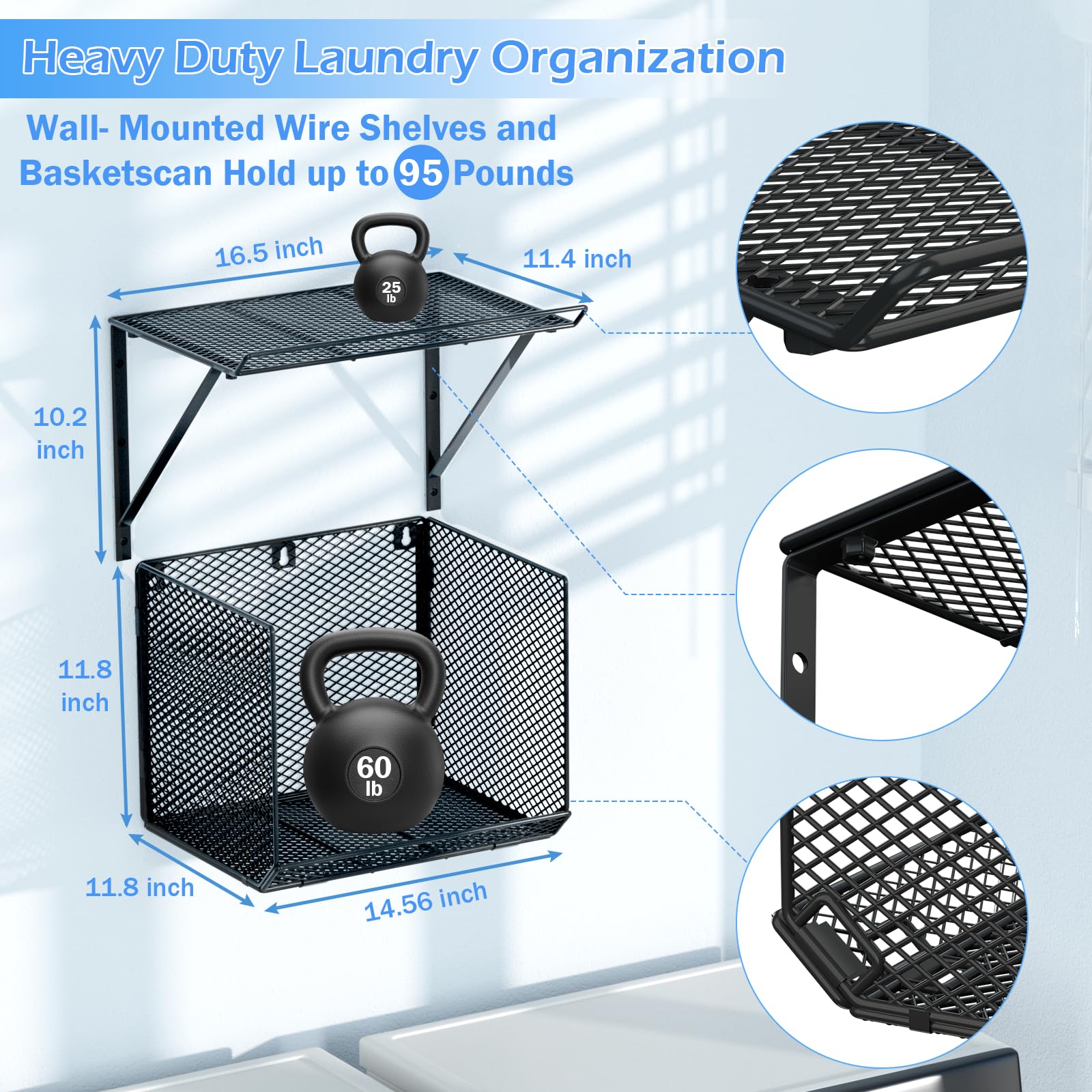 QHH Laundry Room Shelves Wall Mounted with Floating Shelves with Wire Storage Basket, Over The Washer and Dryer Shelf with Clothes Drying Rack, Wire Shelves Baskets for Laundry Organization