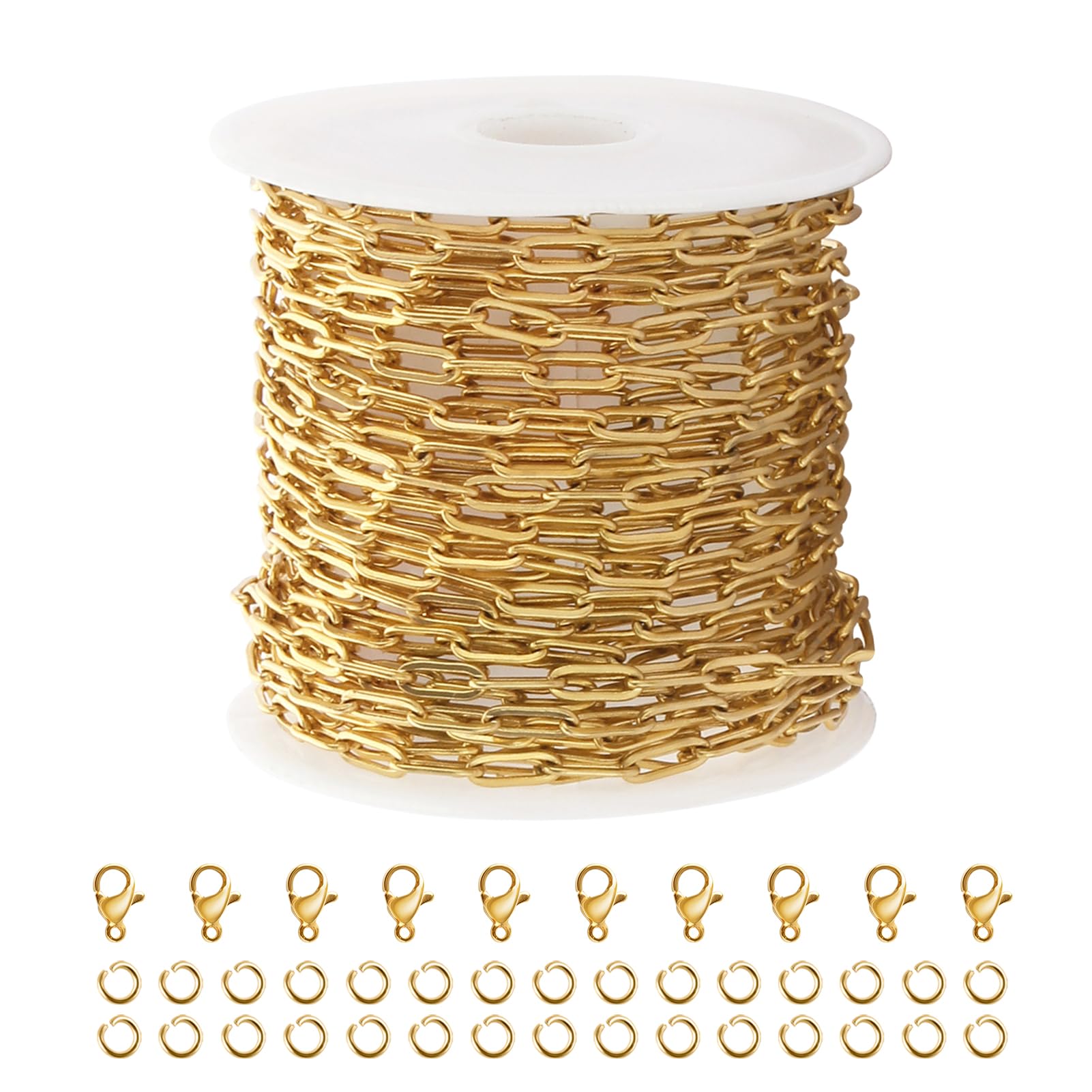 Kyutong 5M Gold Plated Necklace Chain for Jewelry Making 304 Stainless Steel Paperclip Chain Roll with Lobster Clasps and Jump Rings for Men Women Making Jewelry Craft Support Jewelry Findings