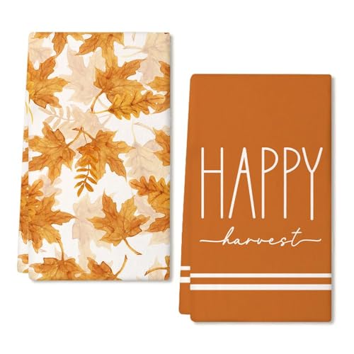 GEEORY Fall Kitchen Dish Towels Set of 2 for Fall Decor,Happy Harvest Printed Maple Leaves 18x26 Inch Drying Dishcloth,Farmhouse Home Decoration GD119