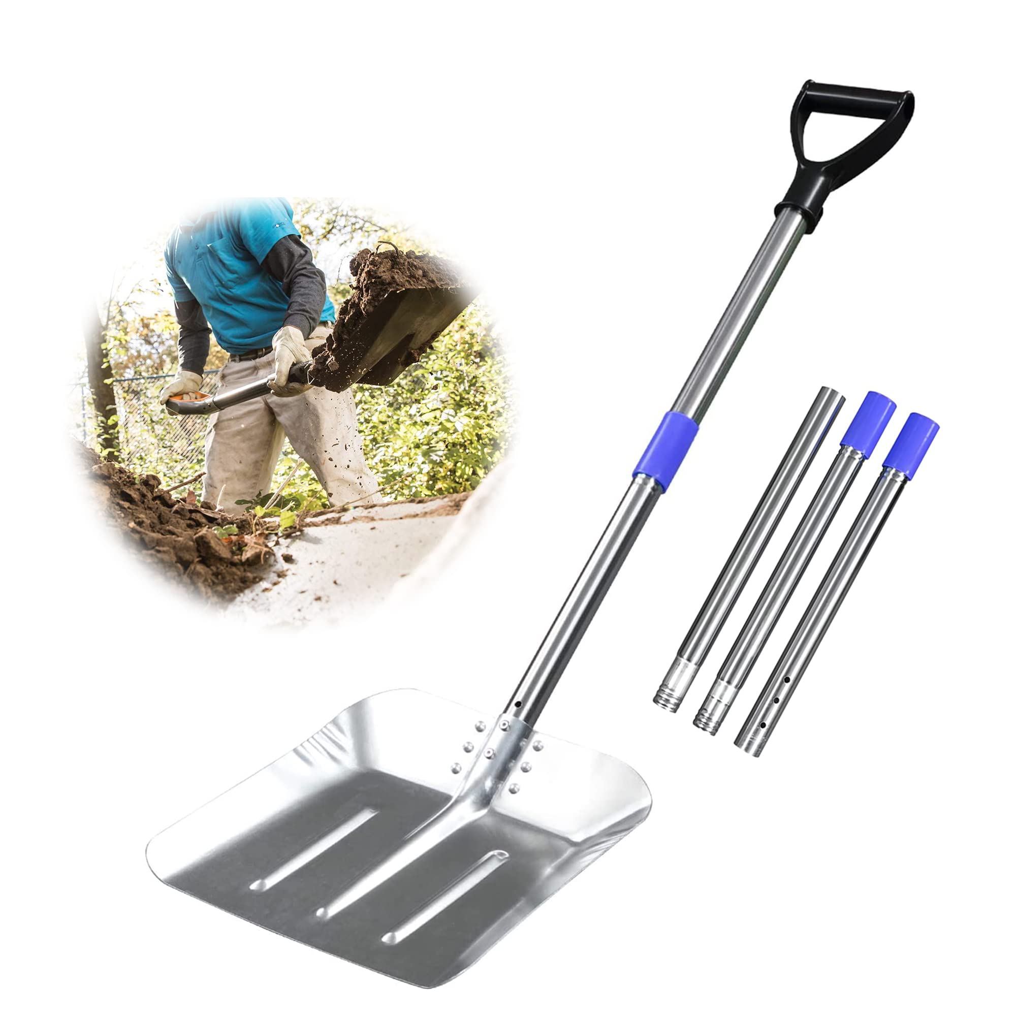 Garden Shovels for Digging, Adjustable Pole with Ergonomic D Grip Spade Shovel with Flat Head,55 or 41 Inch Detachable Stainless Steel Digging Shovel for Scoop Edging Trenching Landscaping,Big