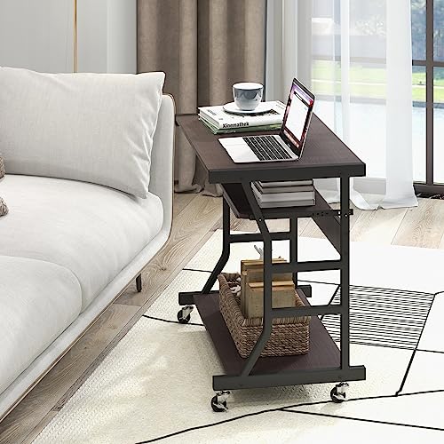 Tangkula Mobile Computer Desk with Keyboard Tray, Portable Small Rolling Desk with Mouse Tray & Bottom Storage Shelf, Rolling Laptop PC Desk Cart with Lockable Wheels for Small Space (Brown)