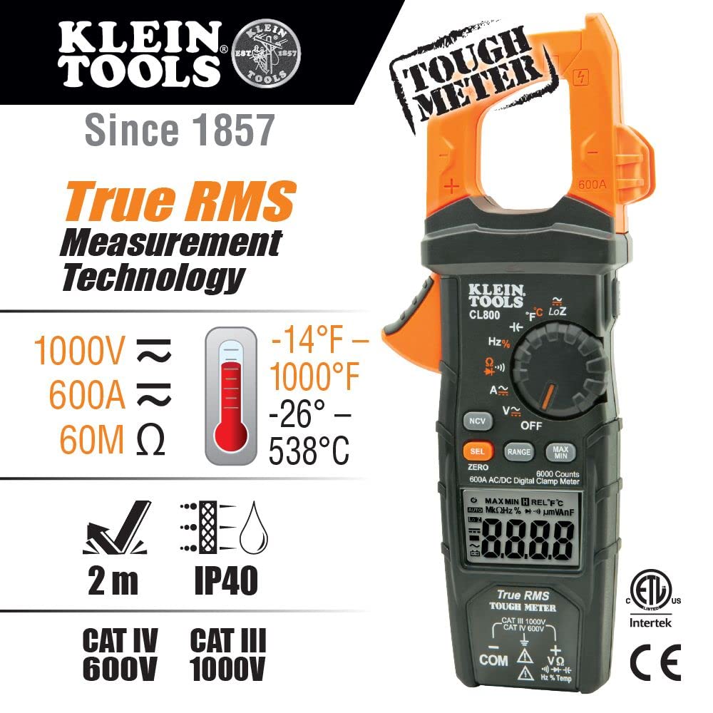 Klein Tools CL800 Digital Clamp Meter & RT250 GFCI Receptacle Tester with LCD Display, for Standard 3-Wire 120V Electrical Outlets