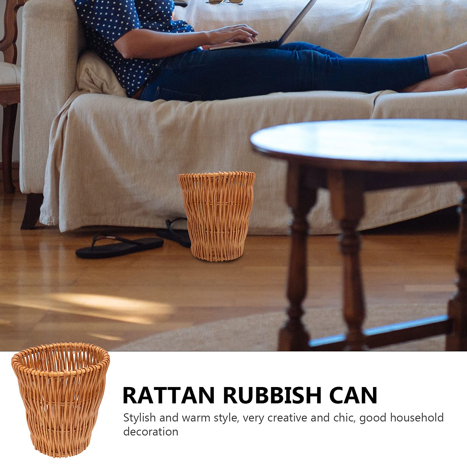 Wakauto Desktop Organizer Wicker Rattan Waste Basket Woven Trash Can Garbage Can Vintage Waste Bin Wastebasket Beige Creative Storage Basket