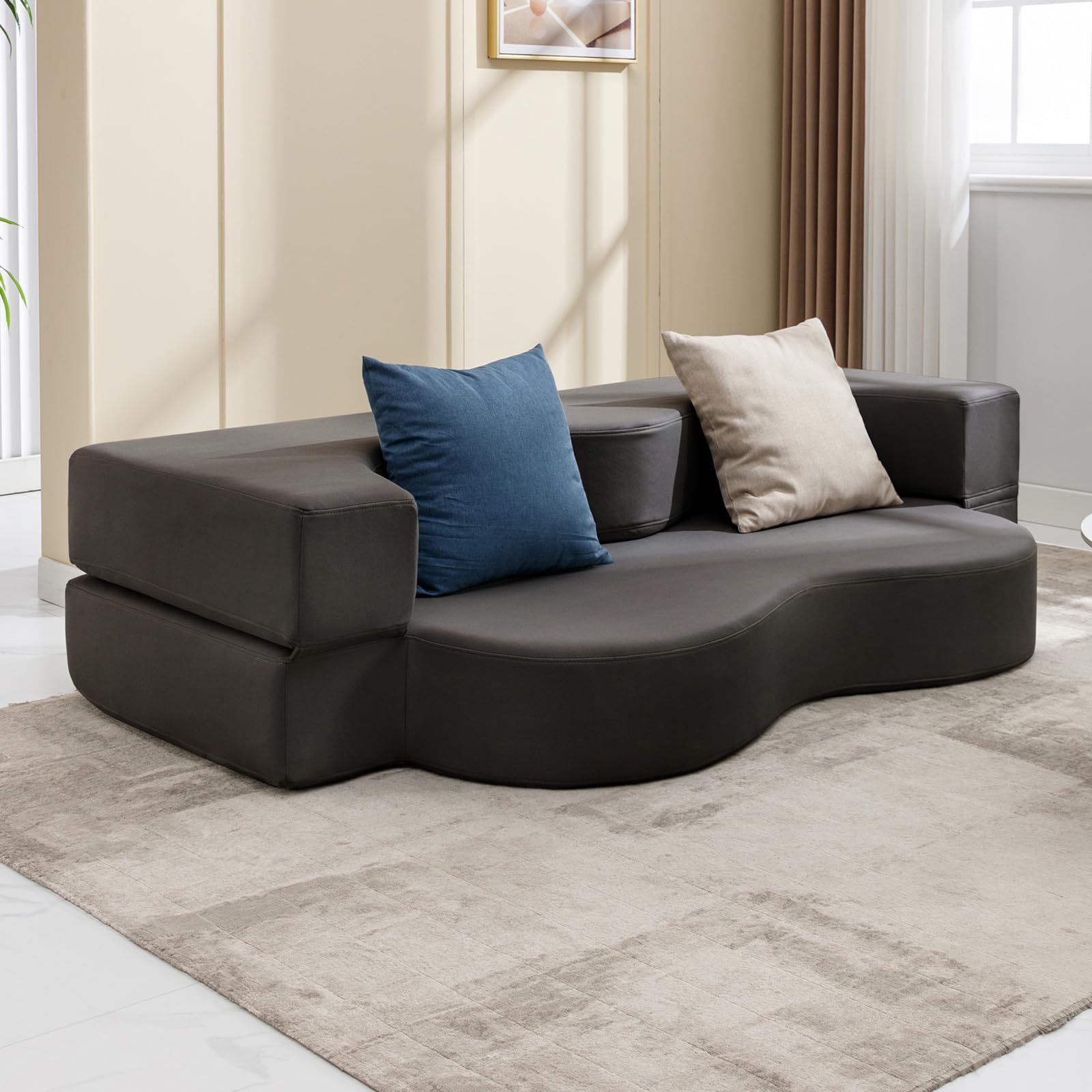 Mjkone Queen Size Stylish Sofa Bed, Upholstered Convertible Sofa Bed, Memory Foam with 2 Pillows, Fold Out Futon Sleeper Chair Couch for Living Room Guest Room, Washable Cover,Dark Gray