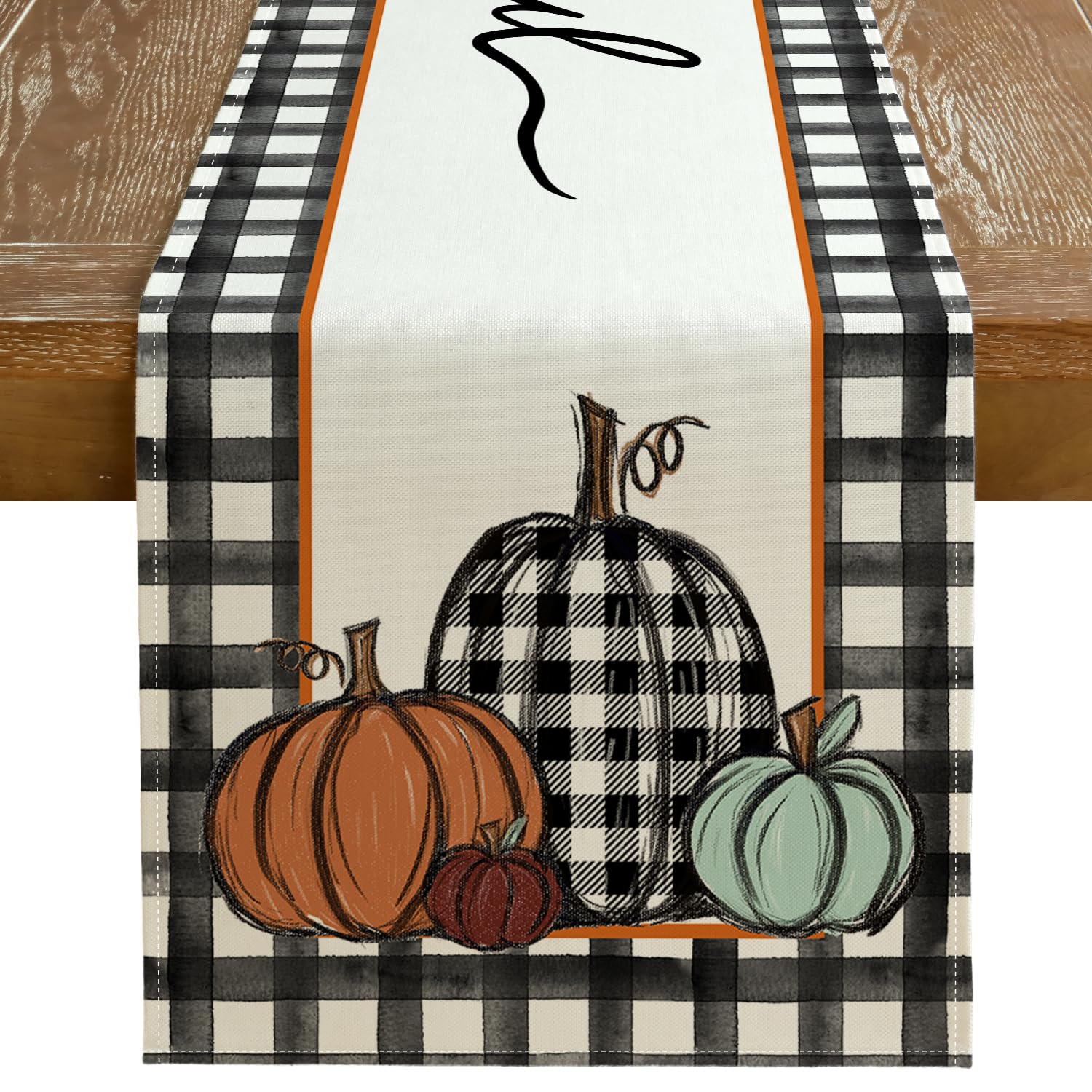 GEEORY Fall Table Runner 13x72 Inch, Buffalo Plaid Check Pumpkins Thanksgiving Farmhouse Table Decoration for Kitchen Dinning, Indoor Outdoor Dinner Party (Orange Pumpkins) GT121-72