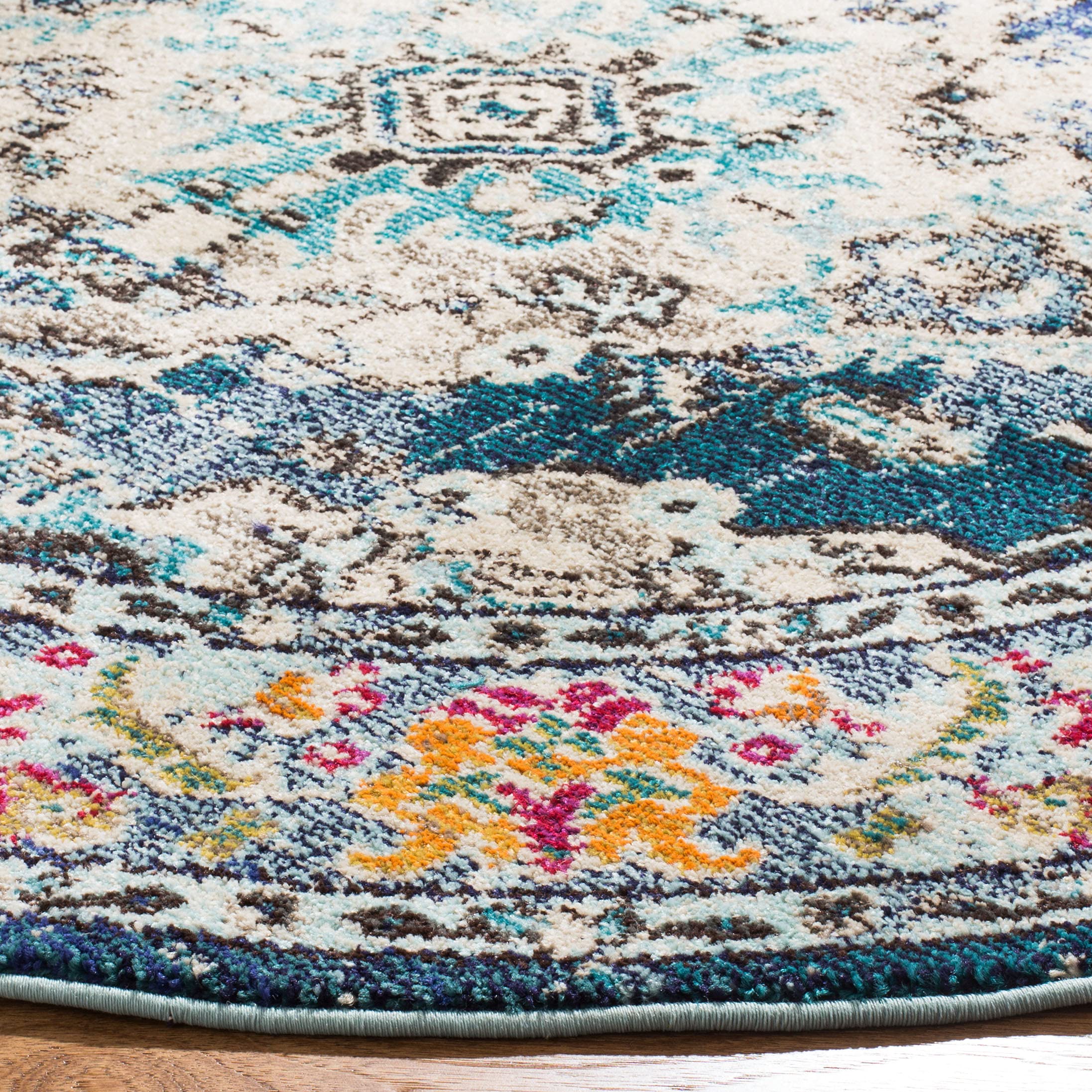 SAFAVIEH Monaco Collection Area Rug - 8' Round, Navy & Light Blue, Boho Chic Medallion Distressed Design, Non-Shedding & Easy Care, Ideal for High Traffic Areas in Living Room, Bedroom (MNC243N)
