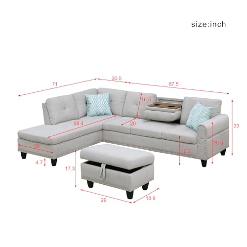 L-Shaped Modular Sectional Sofa Couch with Right Chaise, 5 Seaters Faux Leather Upholstered Corner Sofa&Couch W/2 Cup Holders and Storage Ottoman for Home Apartment Office Living Room Furniture Sets