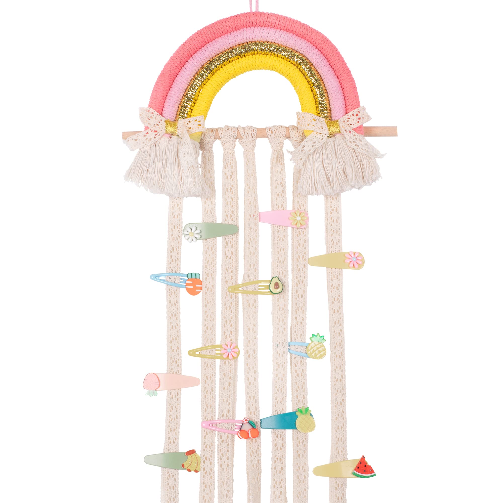 WAKOEGOFU Rainbow Tassels Hair Bows Holder Hanging - Baby Hair Accessories Storage Headband Holder Hair Clips Organizer Wall Hanger Decor for Baby Girls Room Ornament (Pink Yellow)