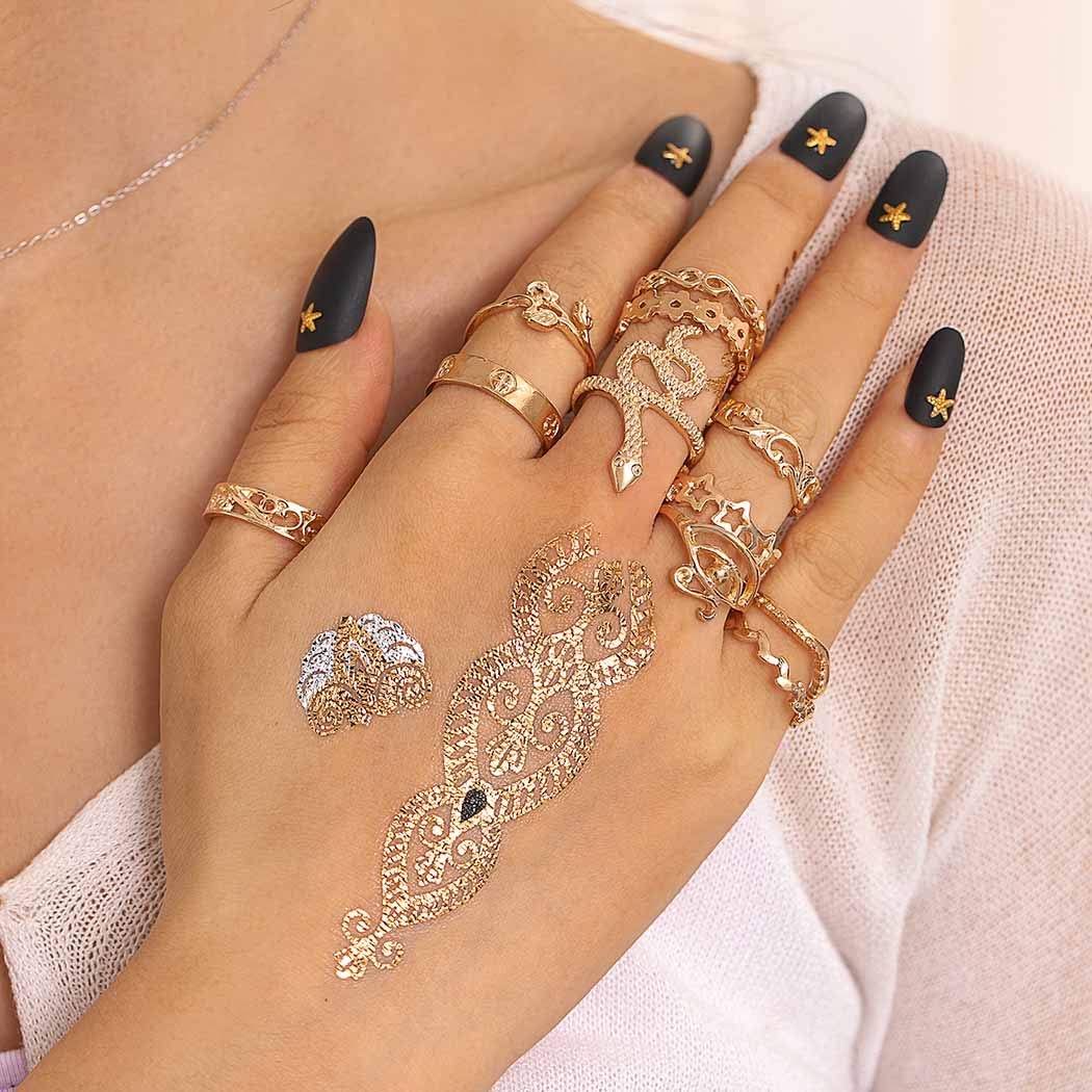 Fstrend Boho Rings Set Gold Snake Rose Joint Knuckle Finger Rings Sets Vintage Star Stackable Midi Ring Jewelry for Women and Girls(11 Pcs)