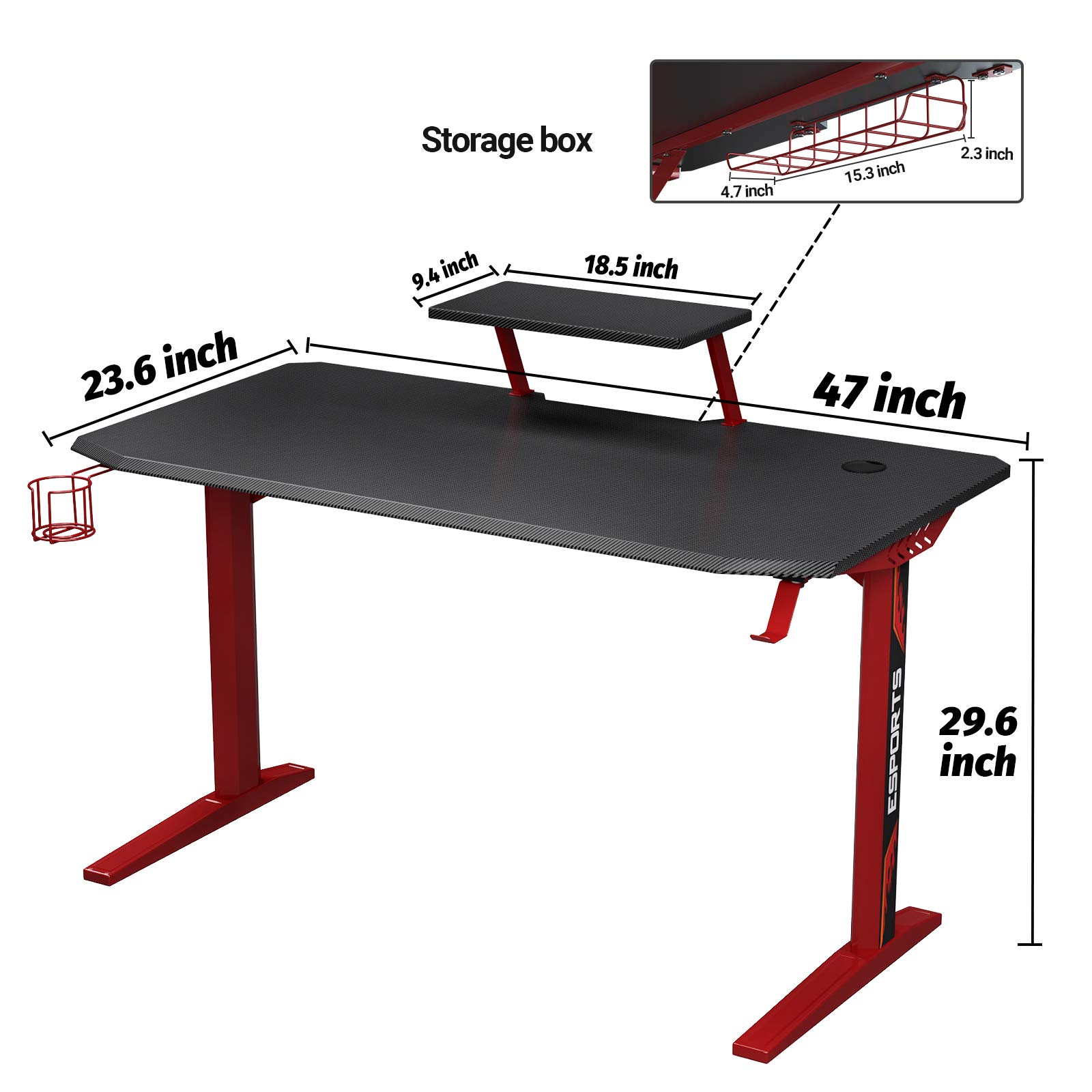 Foxemart Gaming Desk 47 inch PC Gaming Desk, Game Computer Desk Workstation, T-Shaped Professional Gaming Desk, Home Office Computer Table with Cup Holder & Headphone Hook