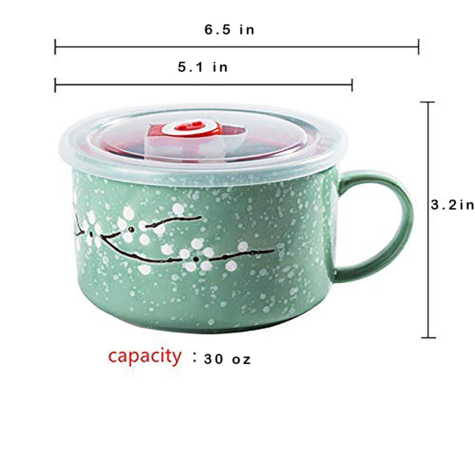GQHNLUP 4 Pack 30oz Ceramic Bowl with Lid and Handle,Cherry Blossoms Among Snow Flake Pattern,Floral Handpainted Stoneware Bowl for Microwave Dishwasher