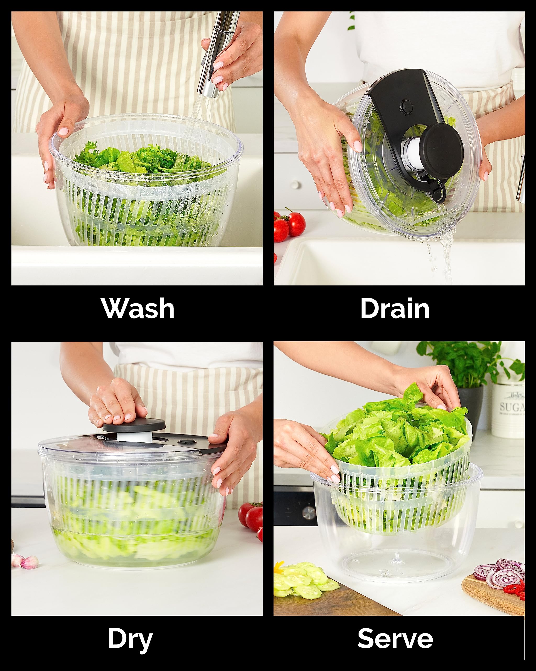 Joined Large Pump Salad Spinner with Storage Lid, Drain, Bowl, and Colander - Quick and Easy Multi-Use Lettuce Spinner, Vegetable Dryer, Fruit Washer, Pasta and Fries Spinner - 6.33 Qt