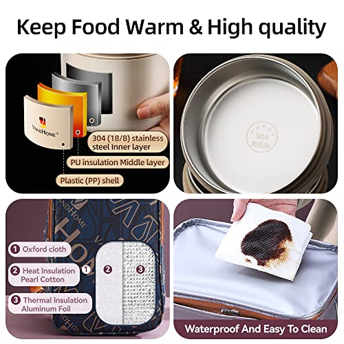 TiLeMiun Microwave Safe Thermal Lunch Box For Food, Portable Insulated Lunch Containers For Aldults To Work, 18/8 Stainless Steel Leakproof Stackable Food Container With Bag (Blue 4Pcs 68oz)