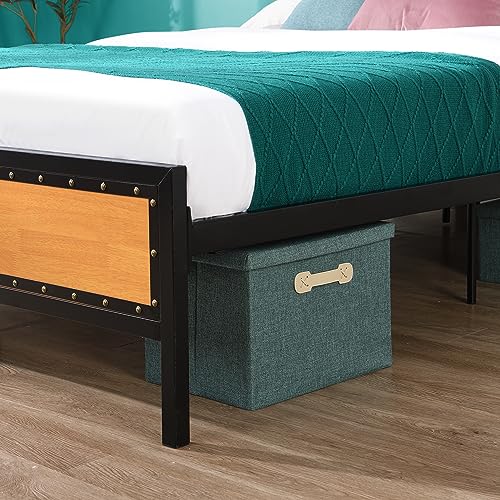 Prohon Bed Frame Queen Size with Rustic Headboard and Nailhead Trim Footboard, Strong Steel Slat Support, Metal Platform Bed with 11β Storage Space, Silent Design Bedframe for Adults, Teens & Kids