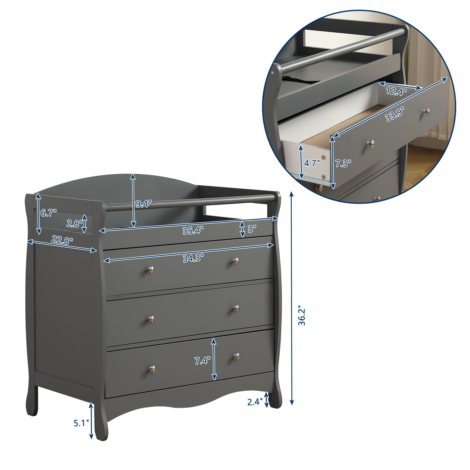 Guangshuohui 3-Drawer Changing Table, Wooden Bed Nursing Table Infant Diaper Changing Station with Drawers, Safety Rails & Strap, Baby Changing Table Dresser for Nursery, Easy Assembly (Grey)