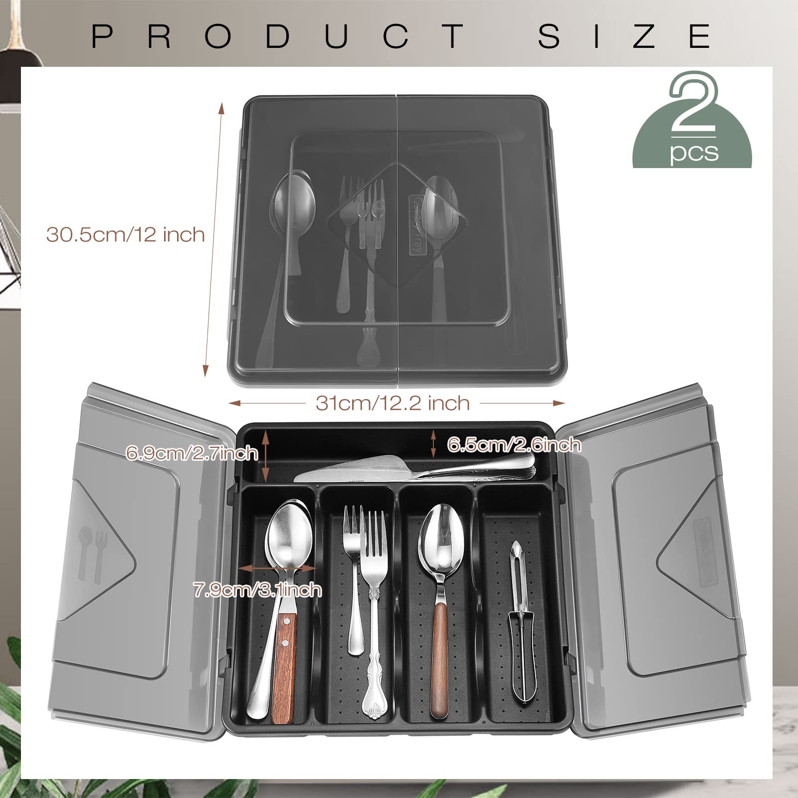 Geetery 2 Pcs Large Silverware Organizer with Lid, 5 Compartments Utensil Holder for Countertop Drawer Plastic Anti Slip Cutlery Tray Flip Cover Silverware Tray with Lid Flatware Organizers, Black