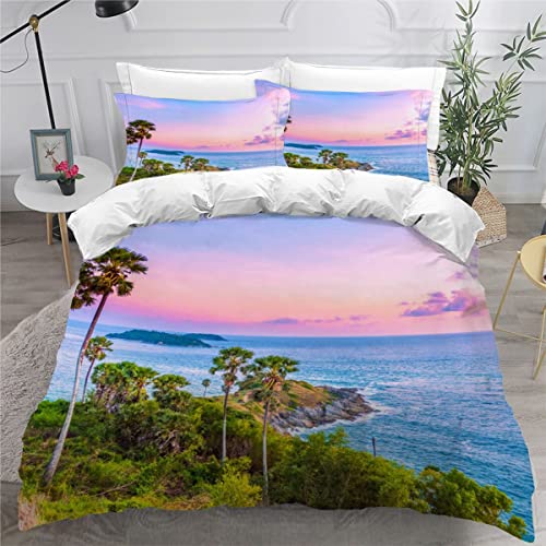 Quilt Cover Twin Size Thailand Scenery 3D Bedding Sets Sea, Coconut Trees Duvet Cover Breathable Hypoallergenic Stain Wrinkle Resistant Microfiber with Zipper Closure,beding Set with 2 Pillowcase