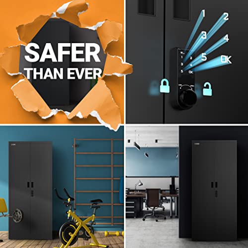 METALTIGER Metal Storage Cabinet - Digital Lock Multifunctional Garage Storage Cabinet with Doors, Adjustable Shelf Height and Leg Levelers, Includes Pegboard and Accessories (Black)