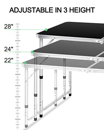 FiveJoy Folding Camping Table, 4 FT Aluminum Height Adjustable Lightweight Desk Portable Handle, Top Weatherproof and Rust Resistant Table for Outdoor Picnic Beach Backyard, 47" x 24",Black