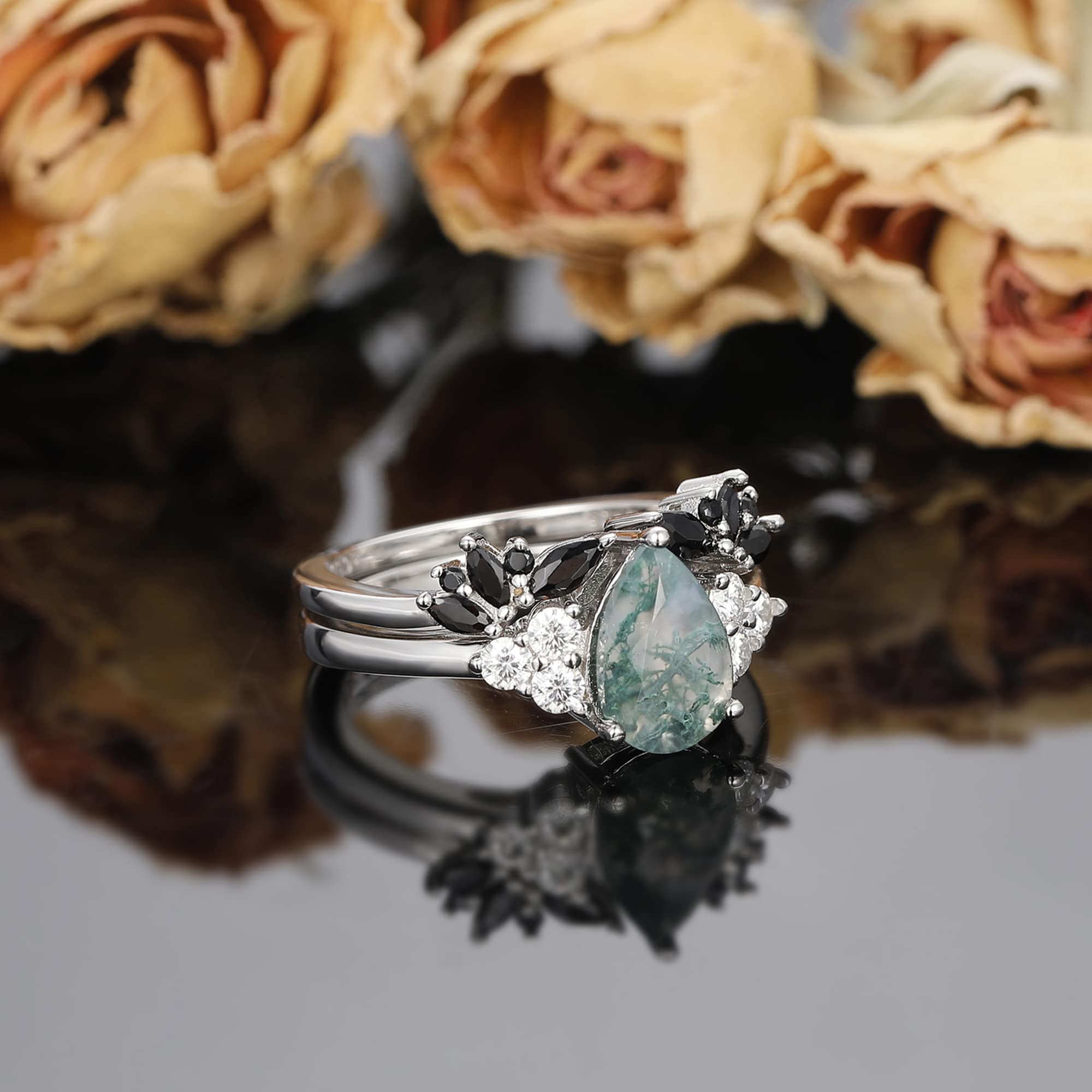 IRROYA 6x9mm Natural Pear Cut Moss Agate Bridal Ring Set,Cluster Genuine Moissanite Engagement Ring,V Shaped Open Ring Band, Sterling Silver Platinum, moss agate