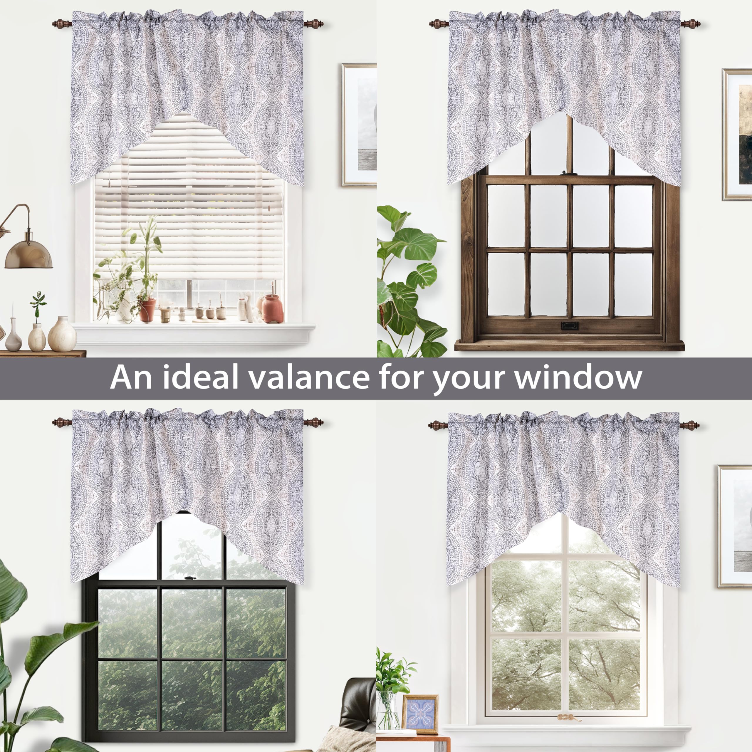 DriftAway Emily Medallion Floral Pattern Energy Saving Thermal Insulated Blackout Window Curtain Valance Grommet 2 Layers Pair 52 Inch by 18 Inch Navy Blue